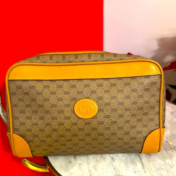 Gucci | Bags | Gucci Monogram Canvas Bag With Yellow Leather Trim ...